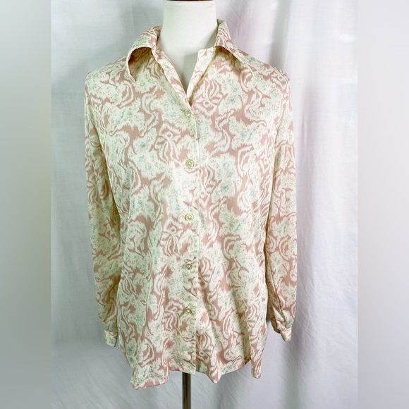 Vintage | Tops | Vintage 7s Lady Devon Abstract Tan Green Floral Print ...